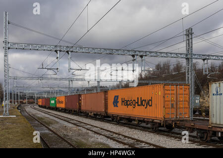 Freight train on railroad loaded with Evergreen cargo container Stock ...