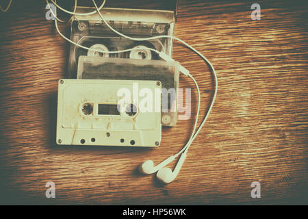 Retro cassette stereo recorder on table on yellow background Stock ...