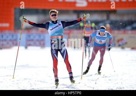 Hoesflot Johannes Klaebo of Norway celebrates as he crosses the finish ...