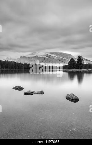 The reflecting Mount Rundle and Two Jack Lake in the Banff National ...