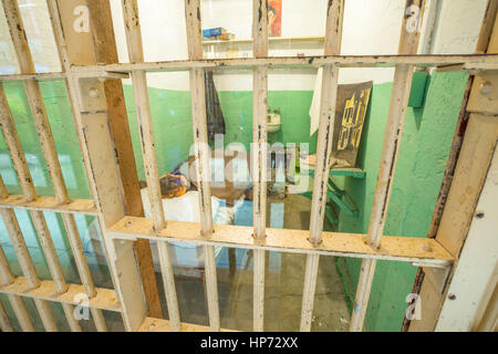 Alcatraz prison cell with hole in wall from which a prisoner was ...