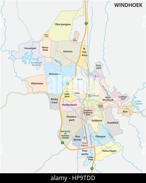 Windhoek map, capital city of Namibia. Municipal administrative area ...
