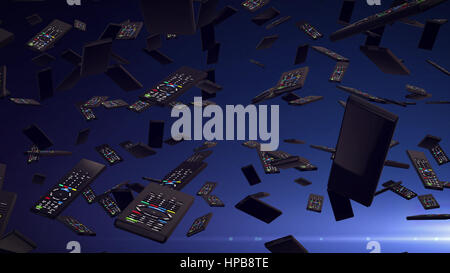 3d rendering. Remote controllers falling down on a dark blue background ...