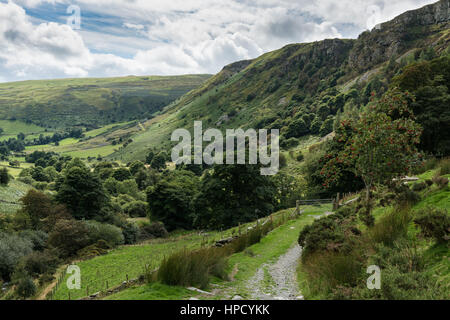 Hill path leading down to the base of the Pistyll Rhaeadr waterfall ...