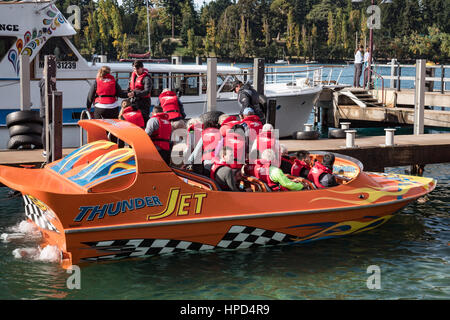 Jet Boat returned to the jetty on Lake Wakatipu, Queenstown, South ...