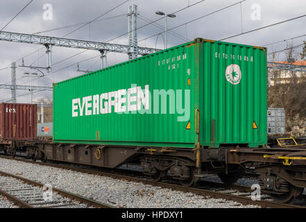 Shipping containers on the railway. Evergreen and APL containers Stock ...