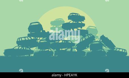 Dump junkyard with metal parts of cars for recycling vector ...