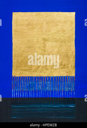 Paintings by Regine Martin, mixed technique, blue house, garden, tree ...