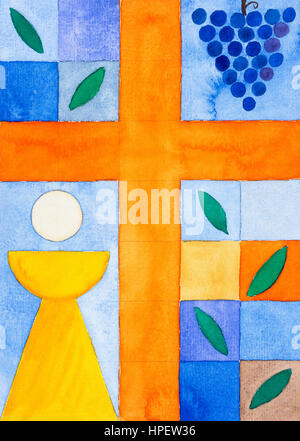 Aquarelle by Heidrun Füssenhäuser, bread, grape hyacinths, fish, cross ...