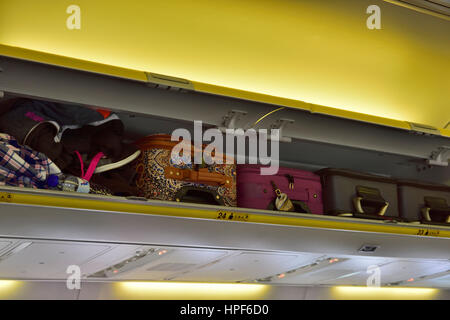 Overhead locker inside cabin on airplane Stock Photo - Alamy