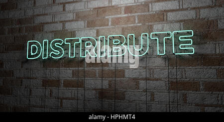 DISTRIBUTE - fluorescent Neon tube Sign on brickwork - Front view - 3D ...