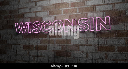 WISCONSIN - fluorescent Neon tube Sign on brickwork - Front view - 3D ...