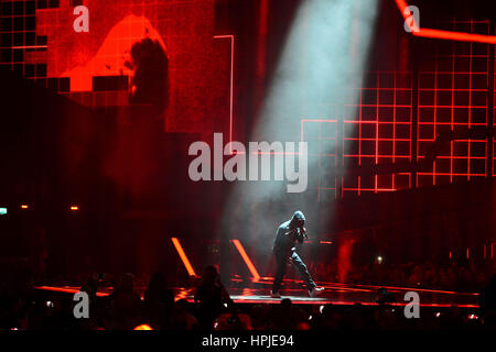 Skepta performing on stage at the Brit Awards at the O2 Arena, London ...