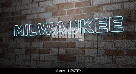 MILWAUKEE - fluorescent Neon tube Sign on brickwork - Front view - 3D ...