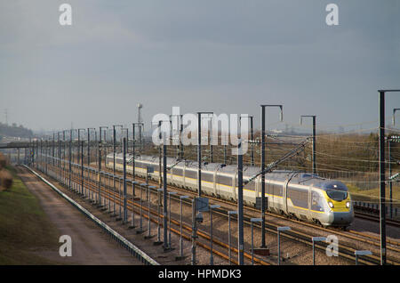 A Eurostar e320 high speed train is driving from Paris to London on the ...