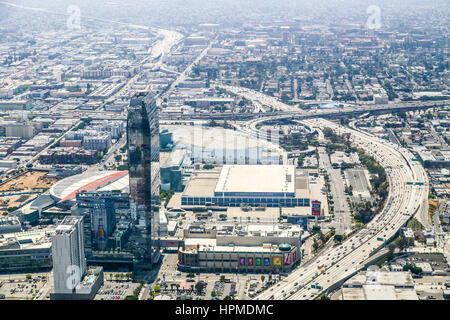 An aerial view of the Staples Center and downtown skyline, Friday, Feb ...
