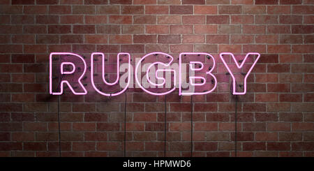 RUGBY - Glowing Neon Sign on stonework wall - 3D rendered royalty free ...