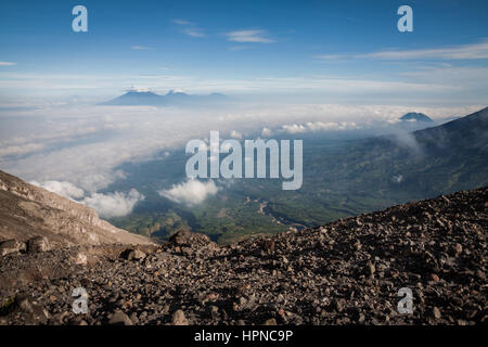 Looking down from Mount Merapi Active Volcano Crater over some ...