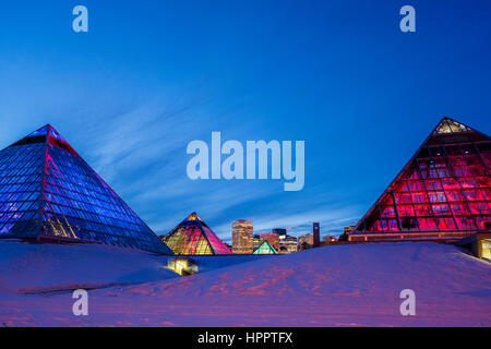 Edmonton skyline and illuminated Muttart Conservatory pyramids, a ...