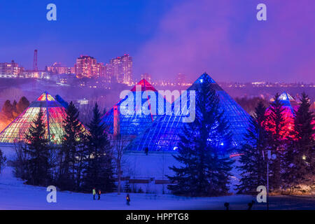 Edmonton skyline and illuminated Muttart Conservatory pyramids, a ...