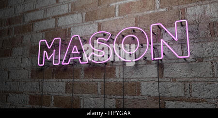 MASON - fluorescent Neon tube Sign on brickwork - Front view - 3D ...