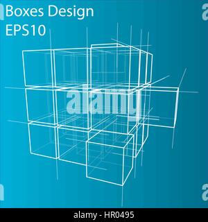 Wireframe Boxes. Sketch style. 3D Rendering Vector Illustration EPS10 ...