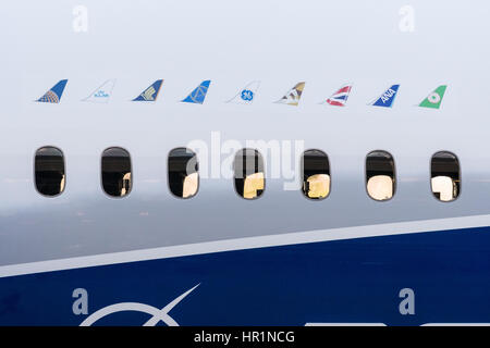 Detail of a Boeing 787-9 Dreamliner jet airliner fuselage at the ...