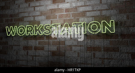 WORKSTATION - fluorescent Neon tube Sign on brickwork - Front view - 3D ...