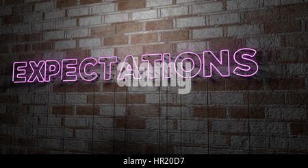 EXPECTATIONS - fluorescent Neon tube Sign on brickwork - Front view ...