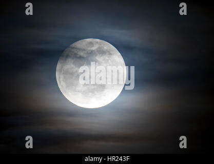 Bright full moon rising over silhouette of trees along the Delta River ...