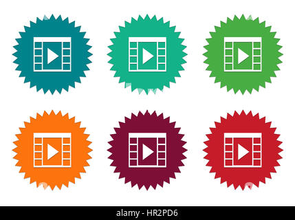 Set of colorful stickers icons with movie symbol in blue, green, yellow ...