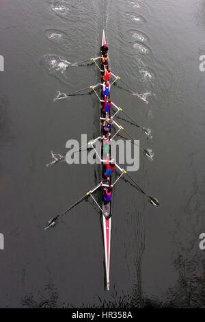 A rowing eight photographed from above along the Gorge Waterway ...
