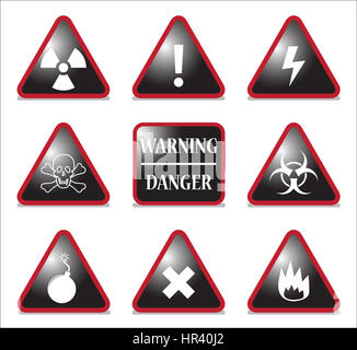 A selection of red triangular hazard signs isolated on a white ...