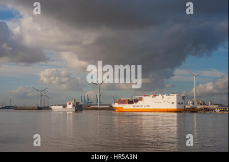 Tilbury Docks container port on River Thames ships loading drone aerial ...