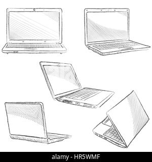 Laptop set. Computer hand drawn sketch doodle engraved illustration ...