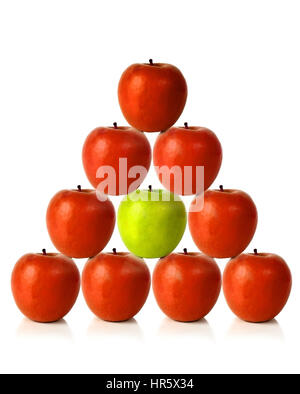 red apples on a pyramid shape with one green apple in the middle, be ...