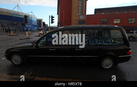A hearse with 'RIP FOOTBALL' is driven by the King Power Stadium in ...