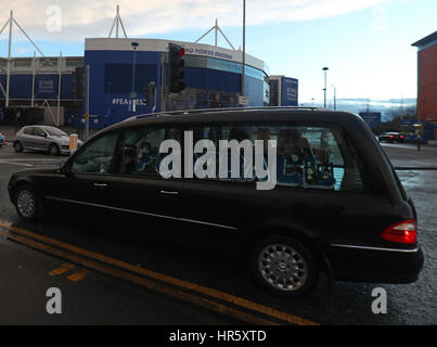 A hearse with 'RIP FOOTBALL' is driven by the King Power Stadium in ...
