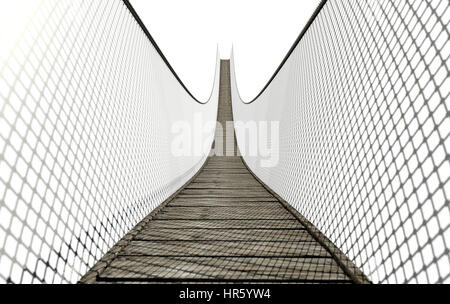 A rope bridge made of wooden planks held together by rope and secured ...