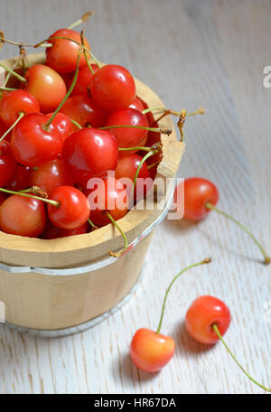 Cherry in small metal basket on green grass. Ripe fresh organic sweet ...