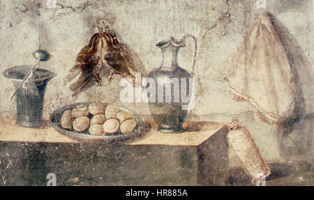 Still life with eggs, birds and bronze dishes. Roman fresco from the ...