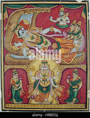 A depiction of Vishnu, the Hindu god, reclining on the serpent Anant ...