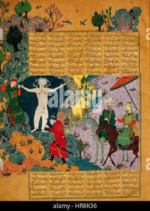 A depiction from Persian mythology where Zahhak, a legendary figure, is ...