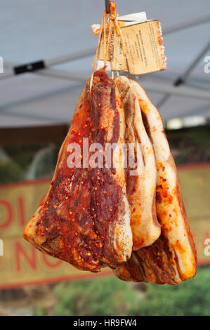 Italy, Umbria, Norcia, Market, Guanciale al Peperoncino, Bacon whit ...