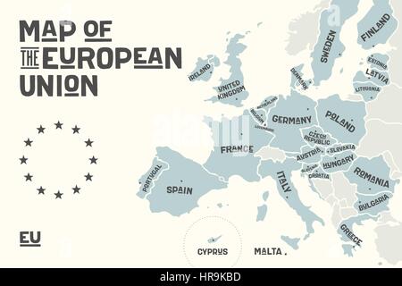 Simplified map of EU, European Union. Rounded shapes of states with ...