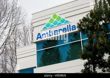 A logo sign outside of the headquarters of Ambarella, Inc., in Santa ...