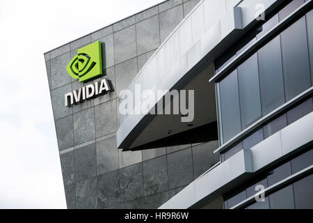 A logo sign outside of the headquarters of the Nvidia Corporation in ...