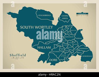 Modern City Map - Sheffield with all wards England illustration Stock ...