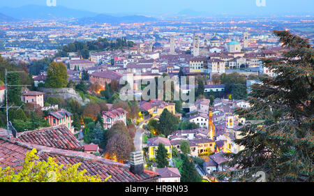 Panoramic aerial view of Bergamo Alta, the upper city. It is a medieval ...