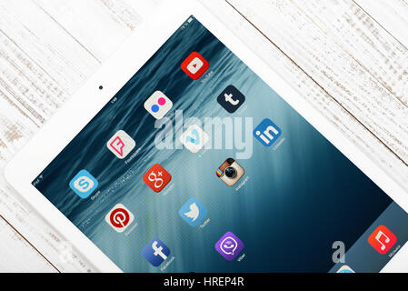 Facebook and Whatsapp icon on monitor screen. Two of the biggest social ...
